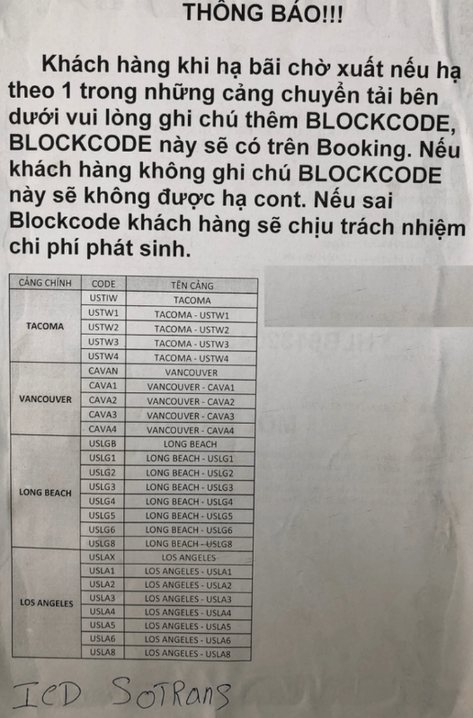 KHAI MÃ BLOCK CODE/ STOWAGE COCE TRÁNH CHI PHÍ PHÁT SINH TẠI CẢNG CÁI ...