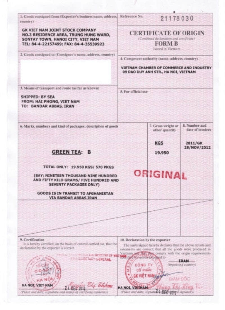 HỒ SƠ XIN CẤP CO FORM B – CỔNG THÔNG TIN ITS LOGISTICs