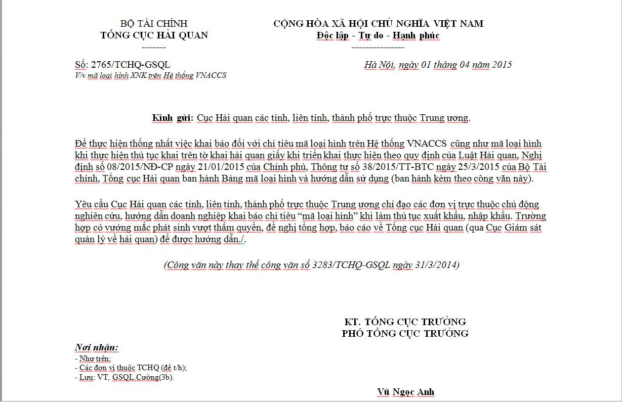 BẢNG MÃ LOẠI HÌNH XNK TRÊN HỆ THỐNG VNACCS – CỔNG THÔNG TIN ITS LOGISTICS